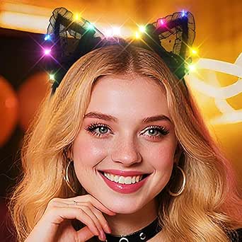 Amazon.com: Catery Black Cat Ears Headband Light Up Lace Ear Headbands ...