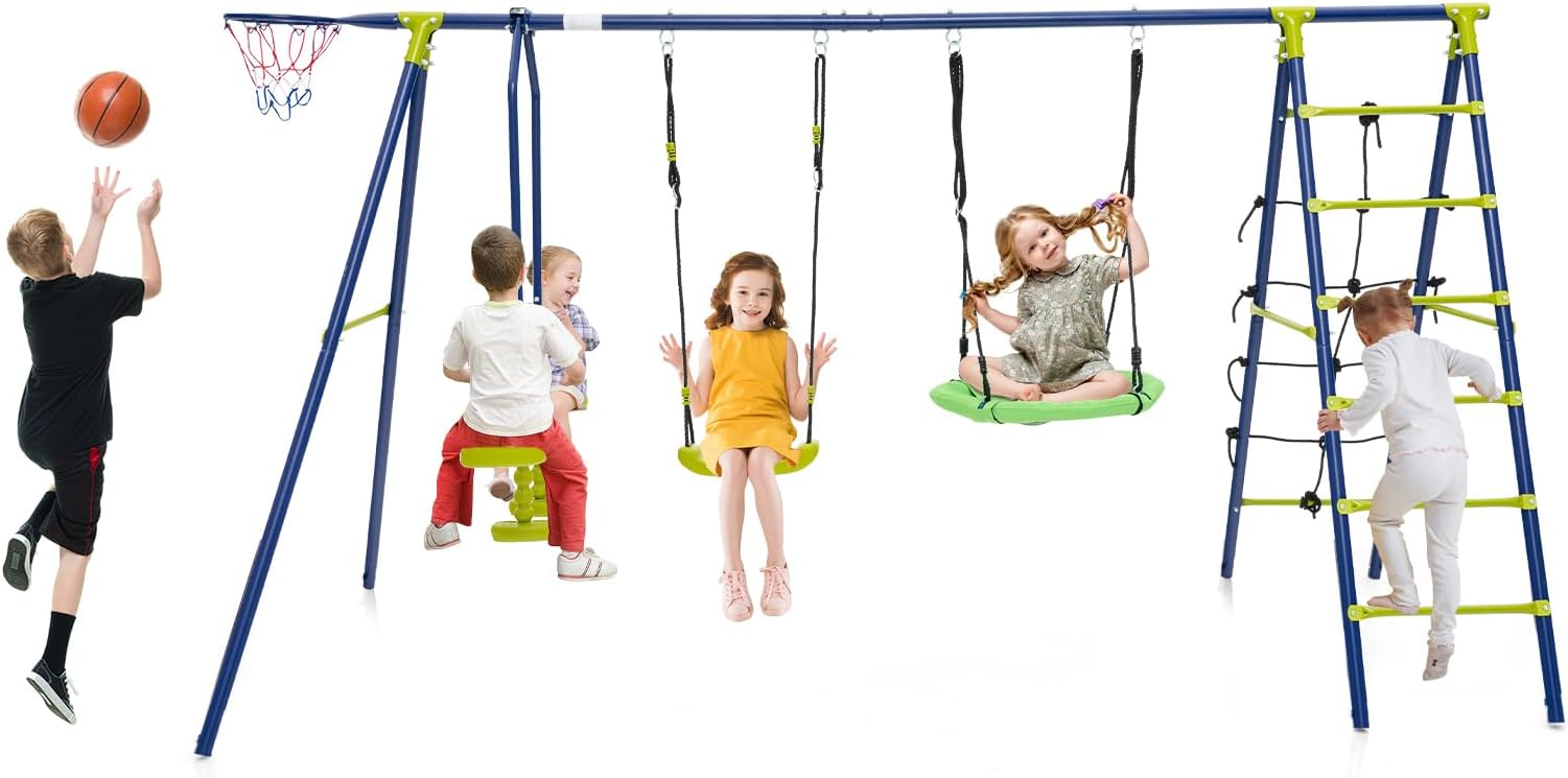 Amazon.com: Costzon Swing Sets for Backyard, 6 in 1 Heavy-Duty Metal ...
