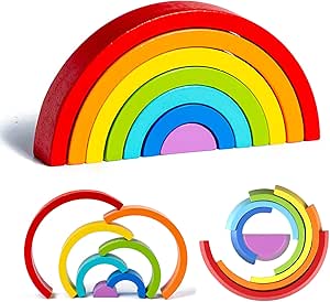 Kiuiom Rainbow Stacking Toys,Wooden Rainbow Stacker,Nesting Puzzle ...