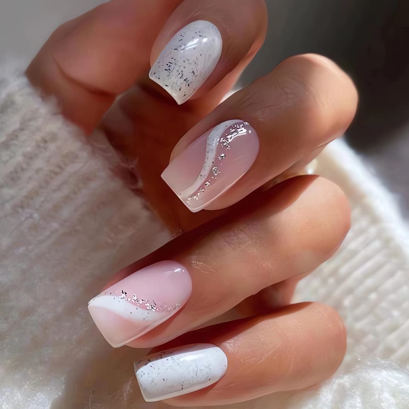 Square Shape Press on Nails White Fake Nails Medium Length Glue on ...