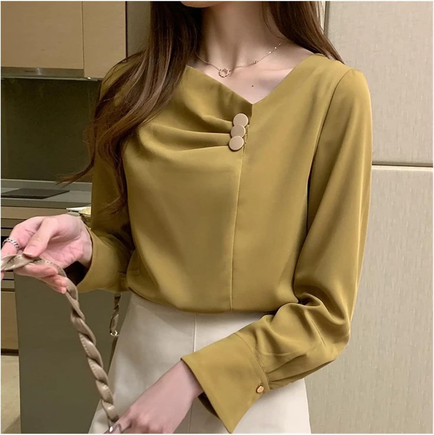 Amazon.com: n/a Blusa de gasa de manga larga con cuello en V para otoño ...