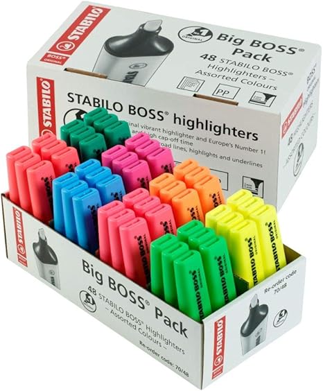 STABILO BOSS Big Boss Lot de 48 surligneurs 6 jaunes, 6 bleus, 6 verts ...