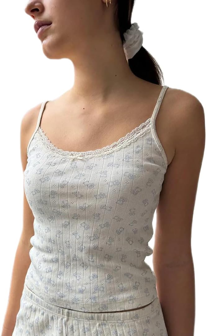 Women Cottagecore Tank Top Sleeveless Lacy Scoop Neck Cute Ditsy Print ...