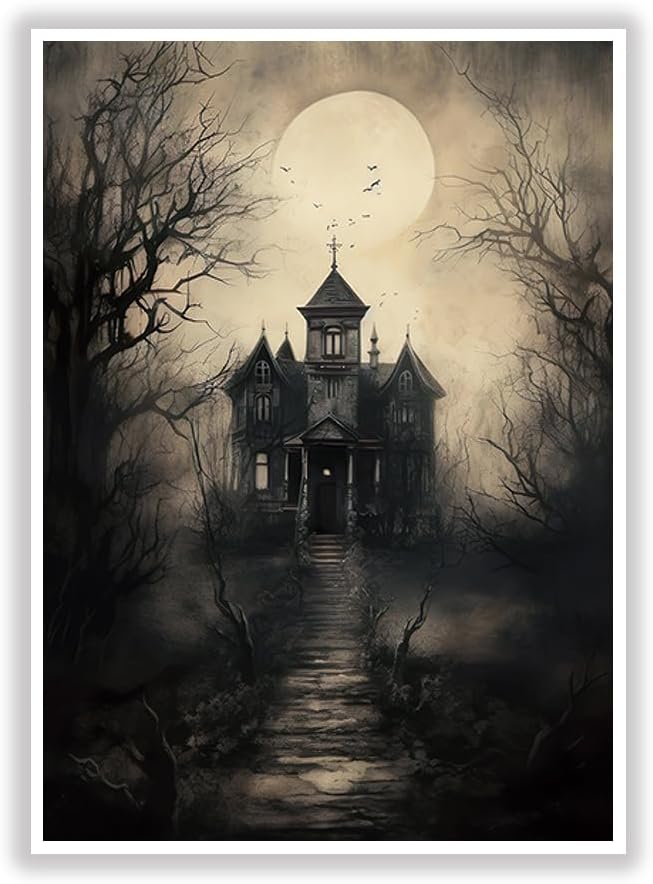 Amazon.com: Generic Halloween Vintage Print Haunted House Wall Art Dark ...