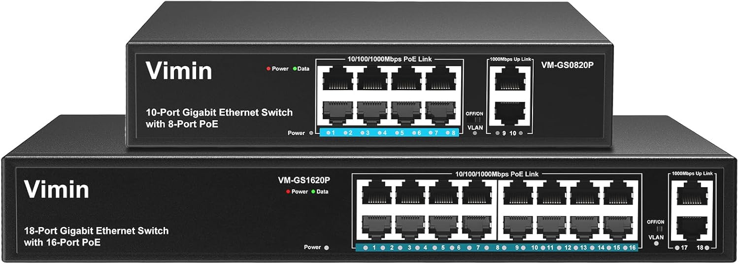 Amazon.com: VIMIN 8 Port Gigabit PoE Switch with 2 Uplink Port & 16 ...