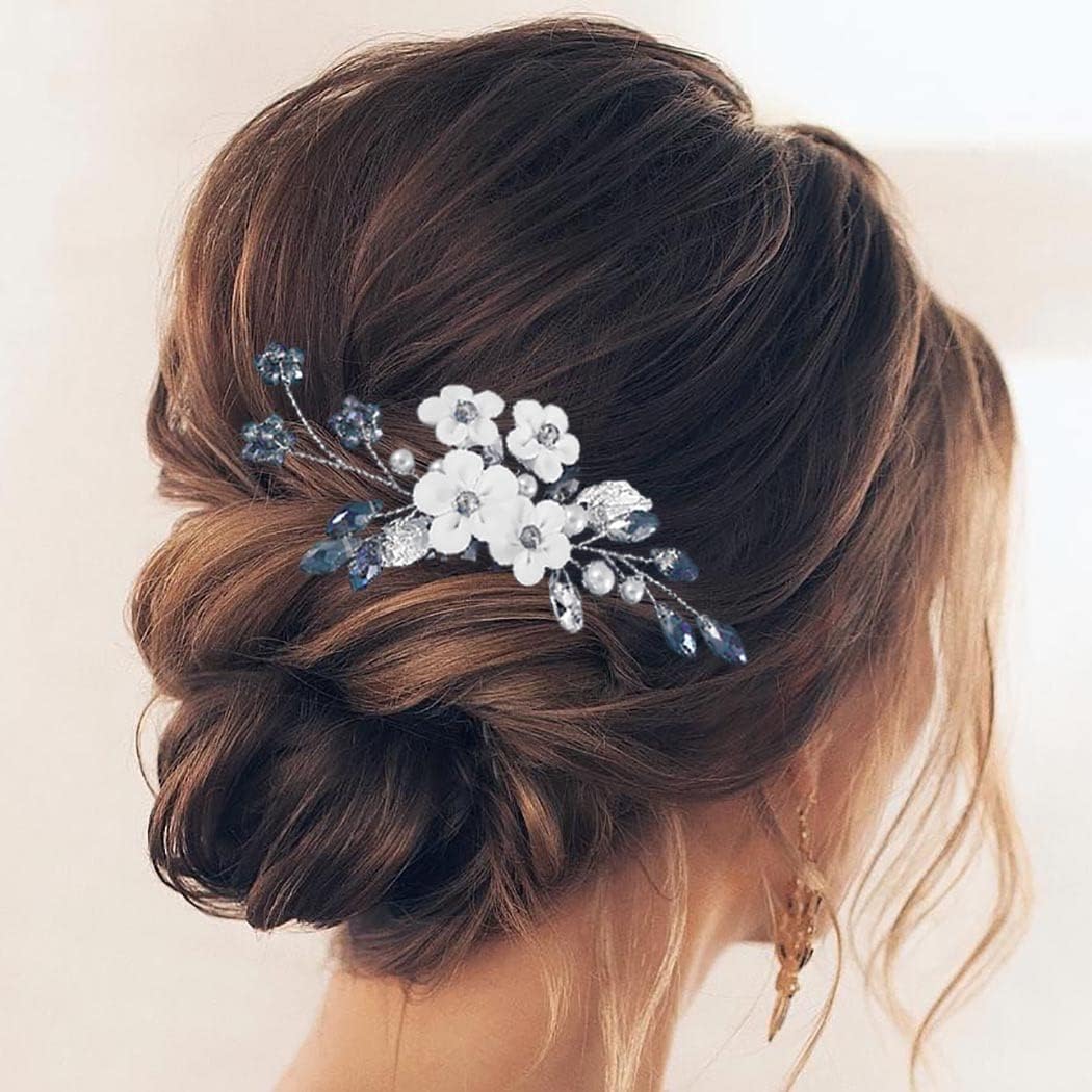 Amazon.com : Earent Bride Wedding Flower Hair Comb Blue Crystal Hair ...