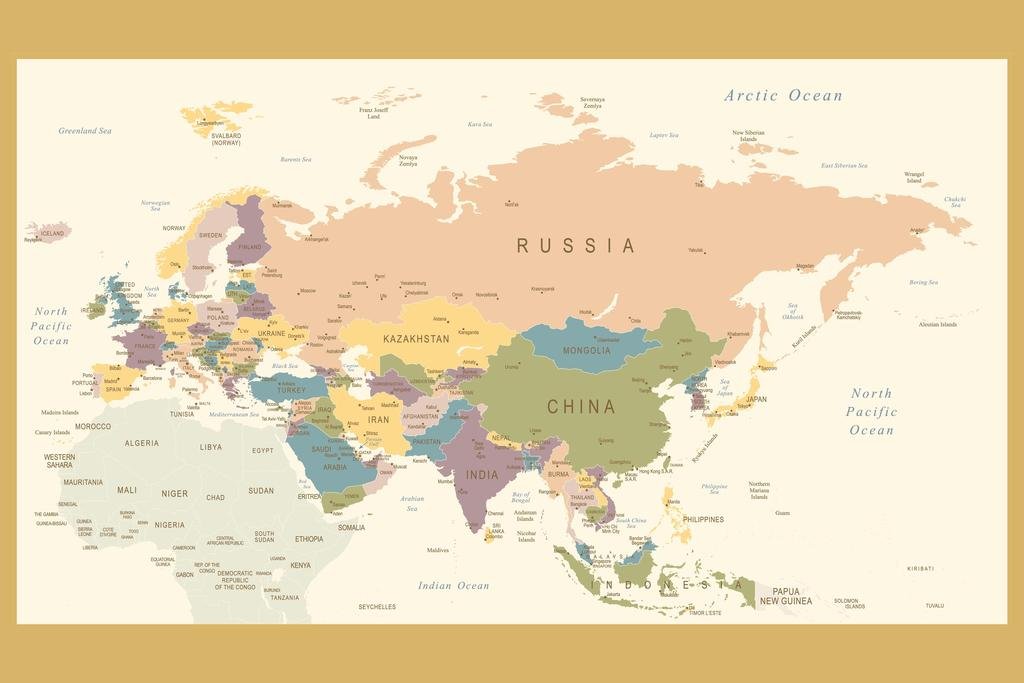 Laminated Vintage Map of Eurasia Travel World Map with Cities in Detail ...