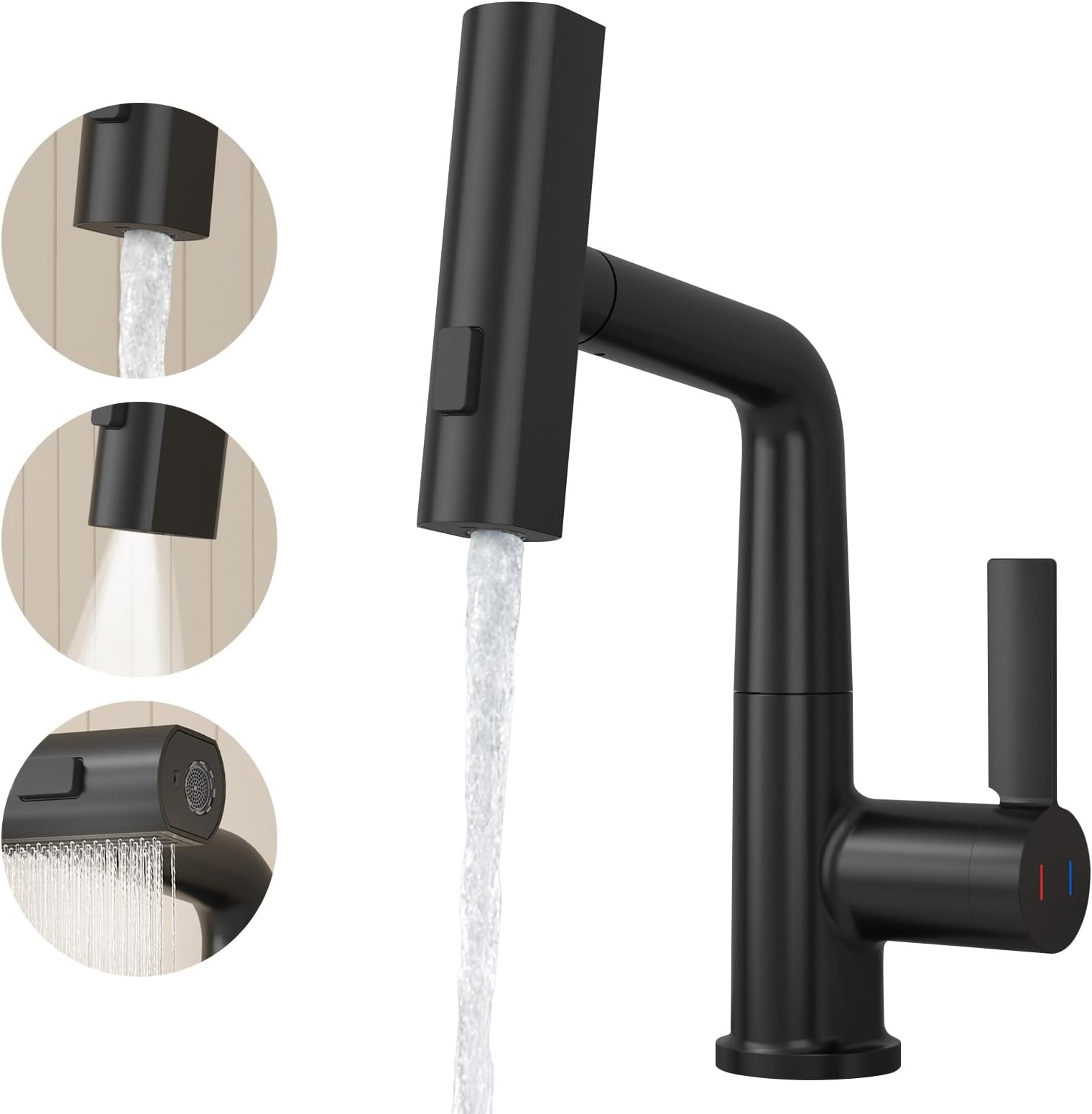 BARROCK Waterfall Bathroom Faucet with 3 Modes Pull Down Sprayer ...