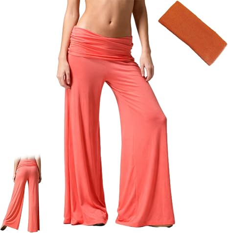 Amazon.com : Coral Foldover Pants, Wide Leg High Fold Over Waist ...