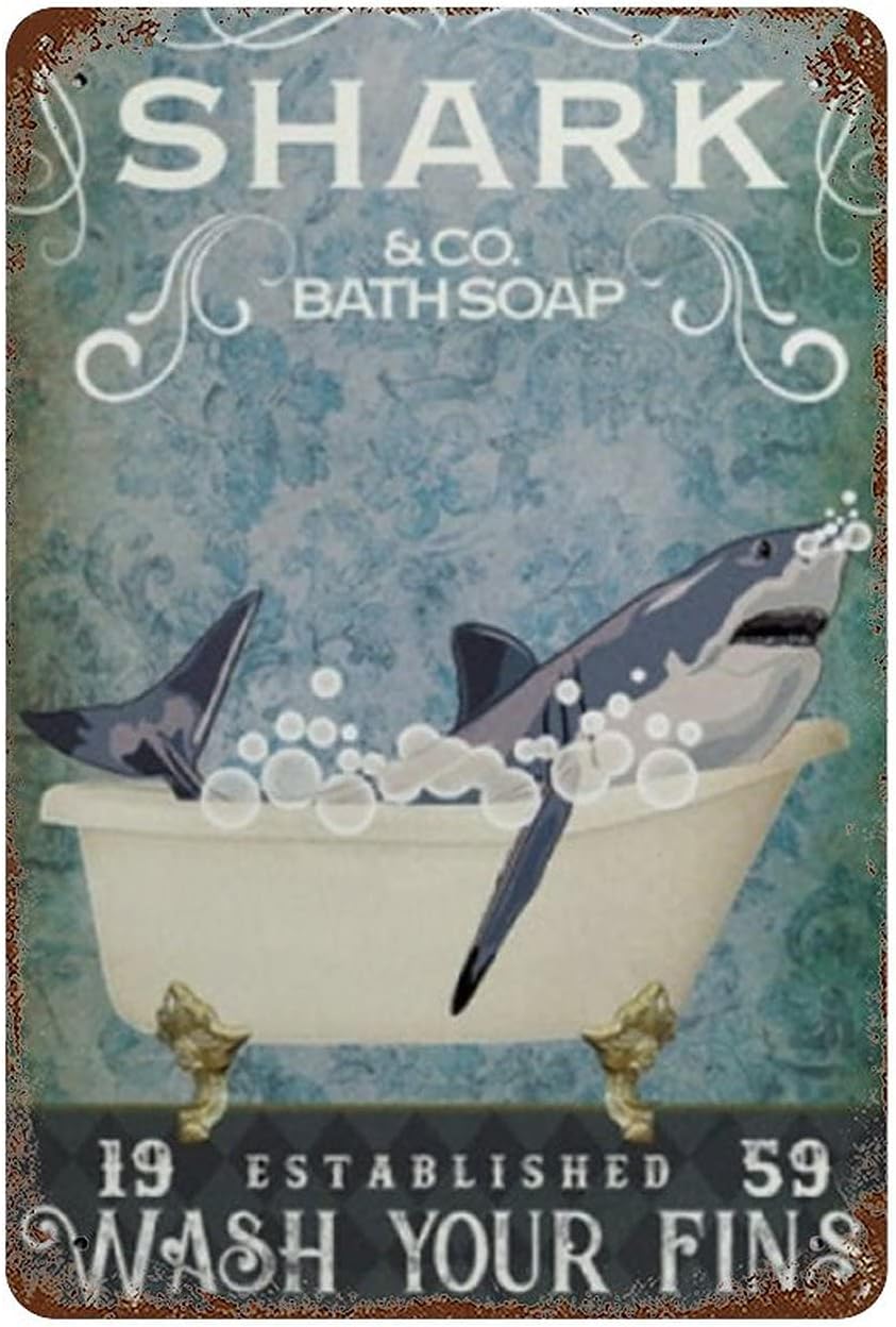 Amazon.com : Bathroom Shark Retro Metal Tin Sign, Shark Bath Soap ...