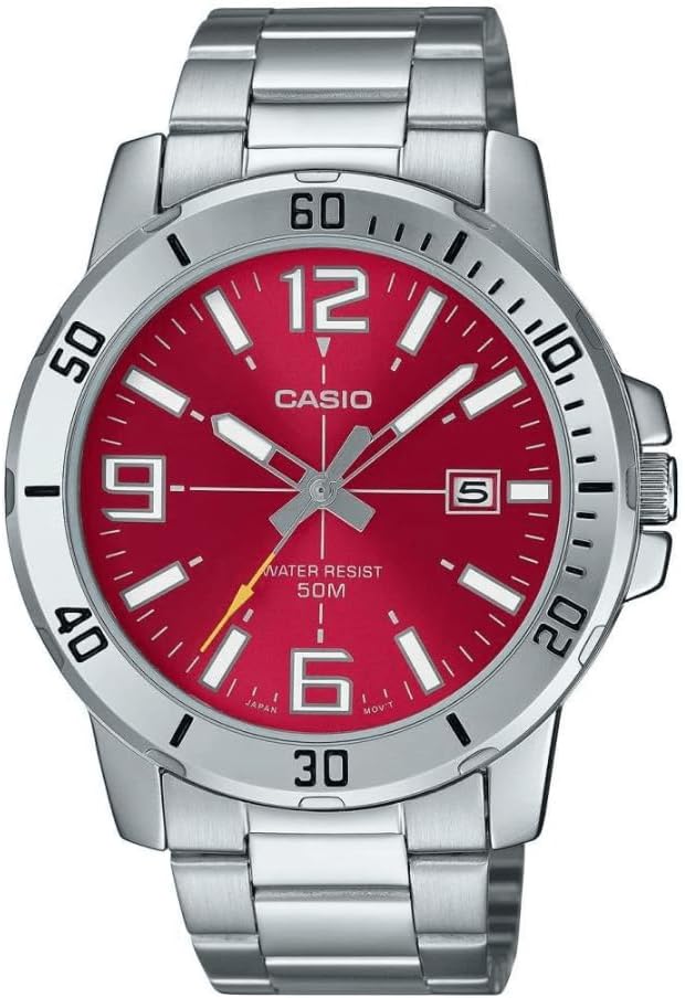 Amazon.com: Casio Gents Watch Red Dial Silver Band, Red, Bracelet ...