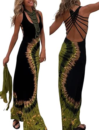 Yoomile Tie Dye Dresses for Women Sexy Backless Cross Tie Maxi Dress ...