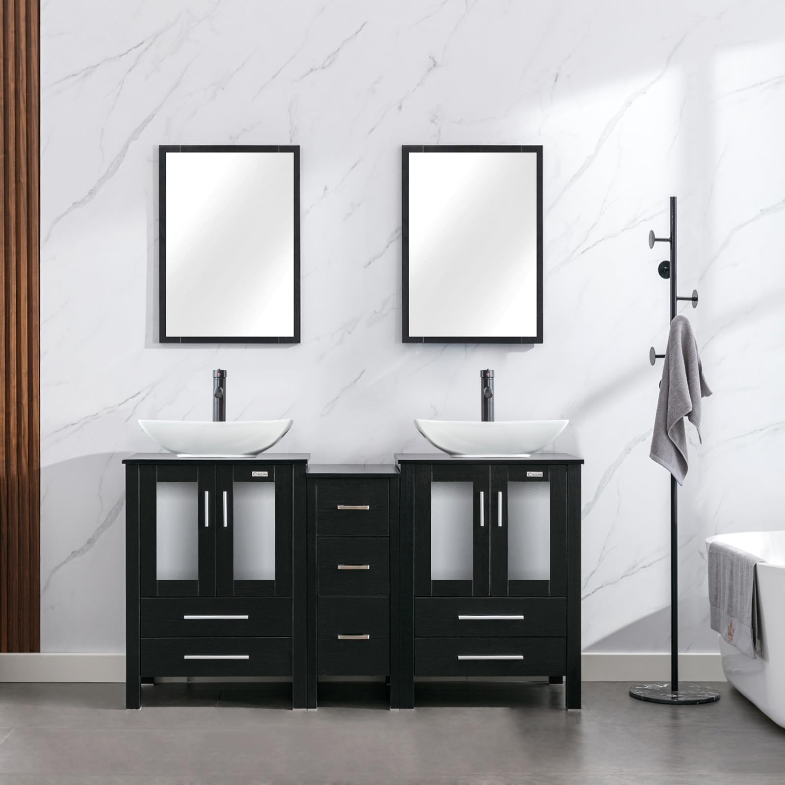 Amazon.com: eclife 60" Modern Bathroom Vanity Sink Combo Black W/Small Side Cabinet White Curved ...