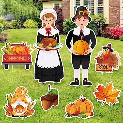 Amazon.com : Woanger 8 Pcs Thanksgiving Pilgrim Boy and Girl Yard Sign ...