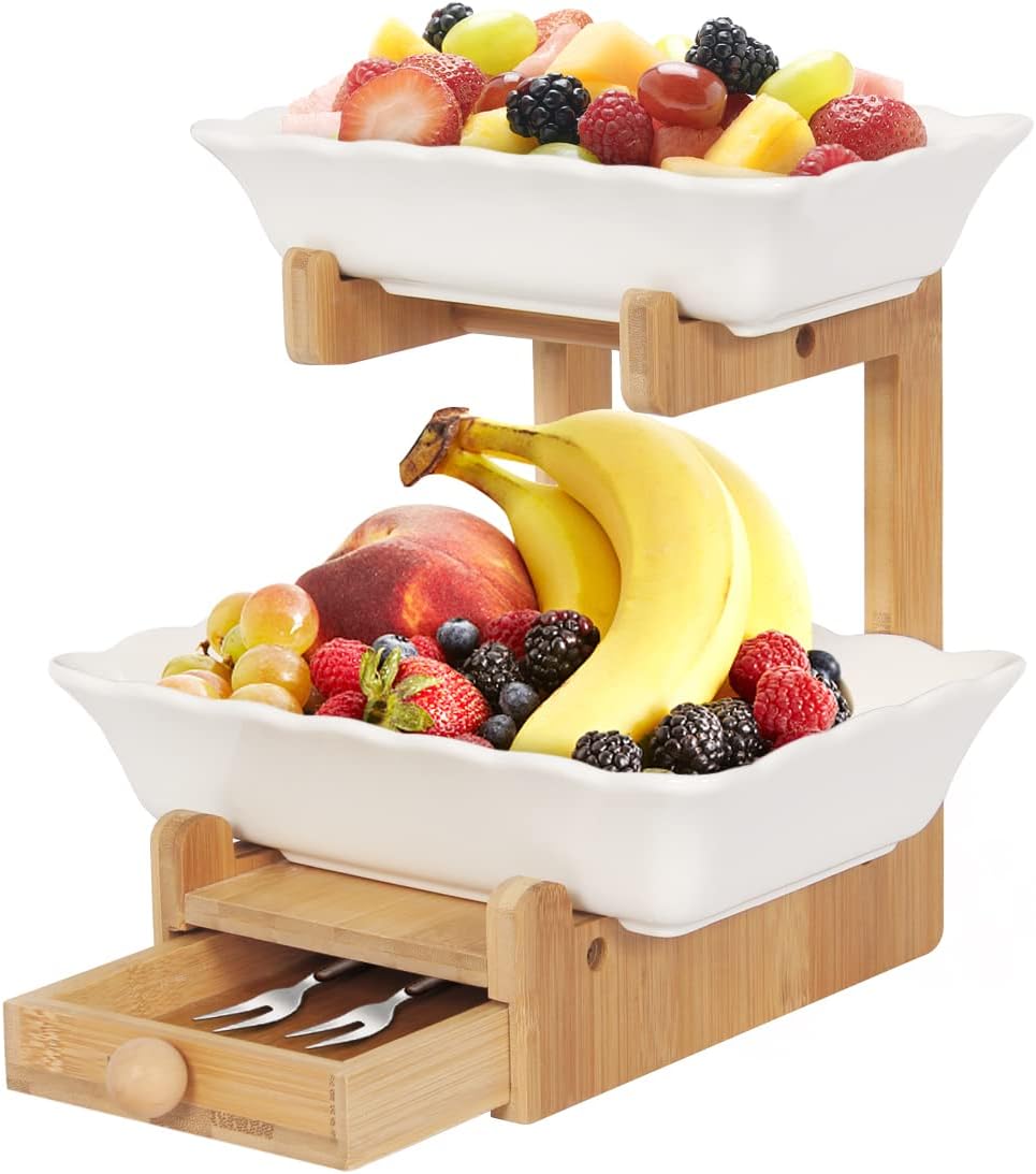 Amazon.com: LandHope 2 Tier Fruit Bowl Ceramic with Bamboo Wood Stand ...