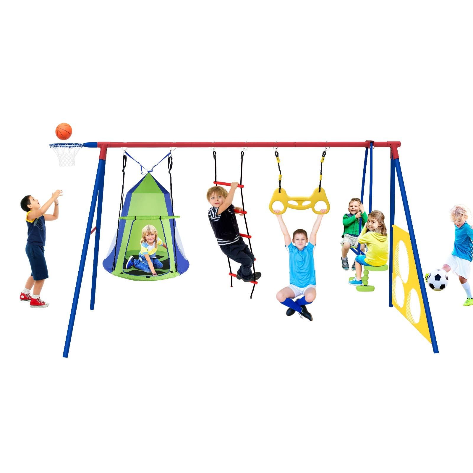 OGL 6in1 Kids Swing Set Seesaw Basketball Hoop Football Soccer Goal ...