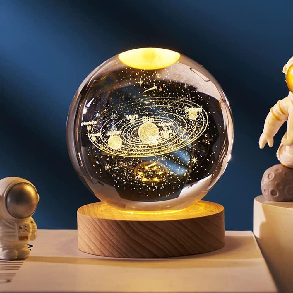 3D Planet Crystal Ball,Moon Crystal Ball with Wooden Base,3D Crystal ...