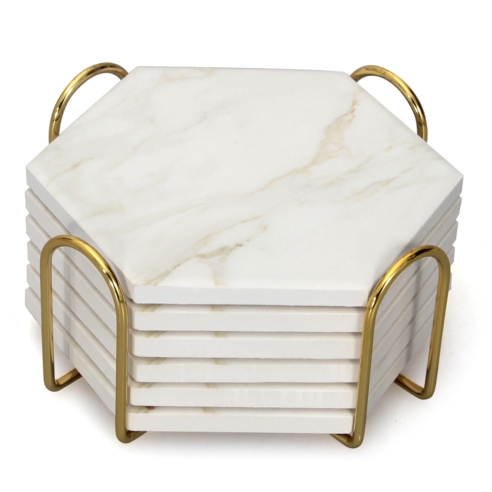 Amazon.com: 6 Pcs White Marble Coaster Set with Holder Hexagon Ceramic ...