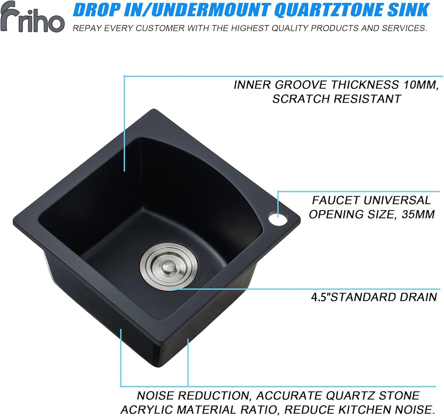 Friho 16"x16" inch Morden Quartz Mini Small Drop in Topmount Wet Matte ...