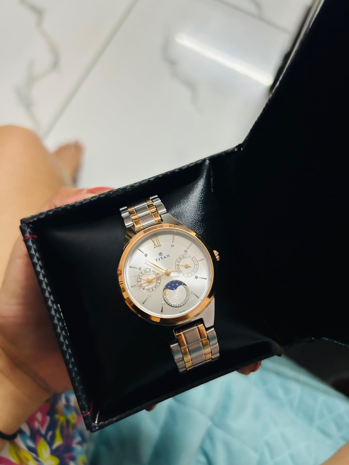 Titan Women's Elegance Moon phase Two Tone White Dial Stainless Steel ...