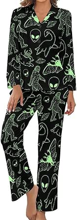 Green Lines Cryptid Pattern Women V-Neck Long Sleeve Button Sleepwear ...