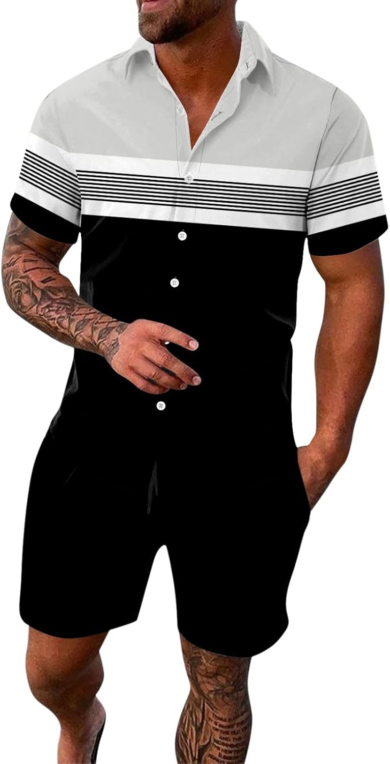 Mens Summer Short Sets Outfits 2 Piece - Stripe Casual Button Down ...