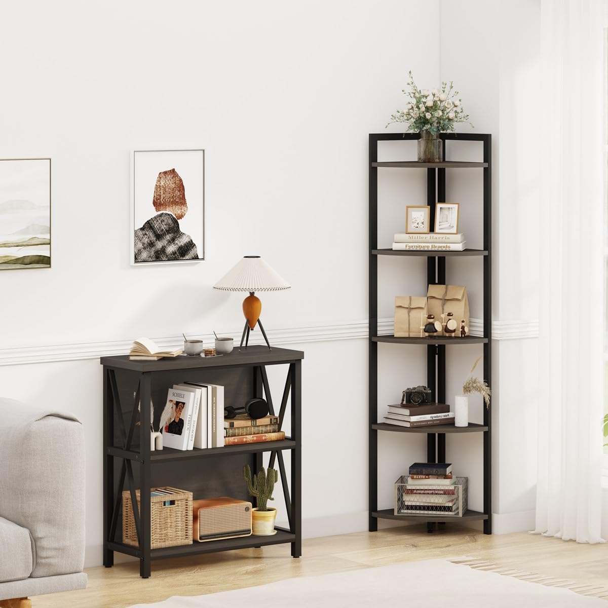 Amazon.com: FATORRI Rustic Short 2 Shelf Bookshelf and Tall Corner ...