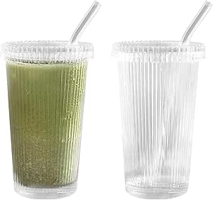 2 Pack Glass Cups with Lids and Straws - Vertical Striped Glass Tumbler ...