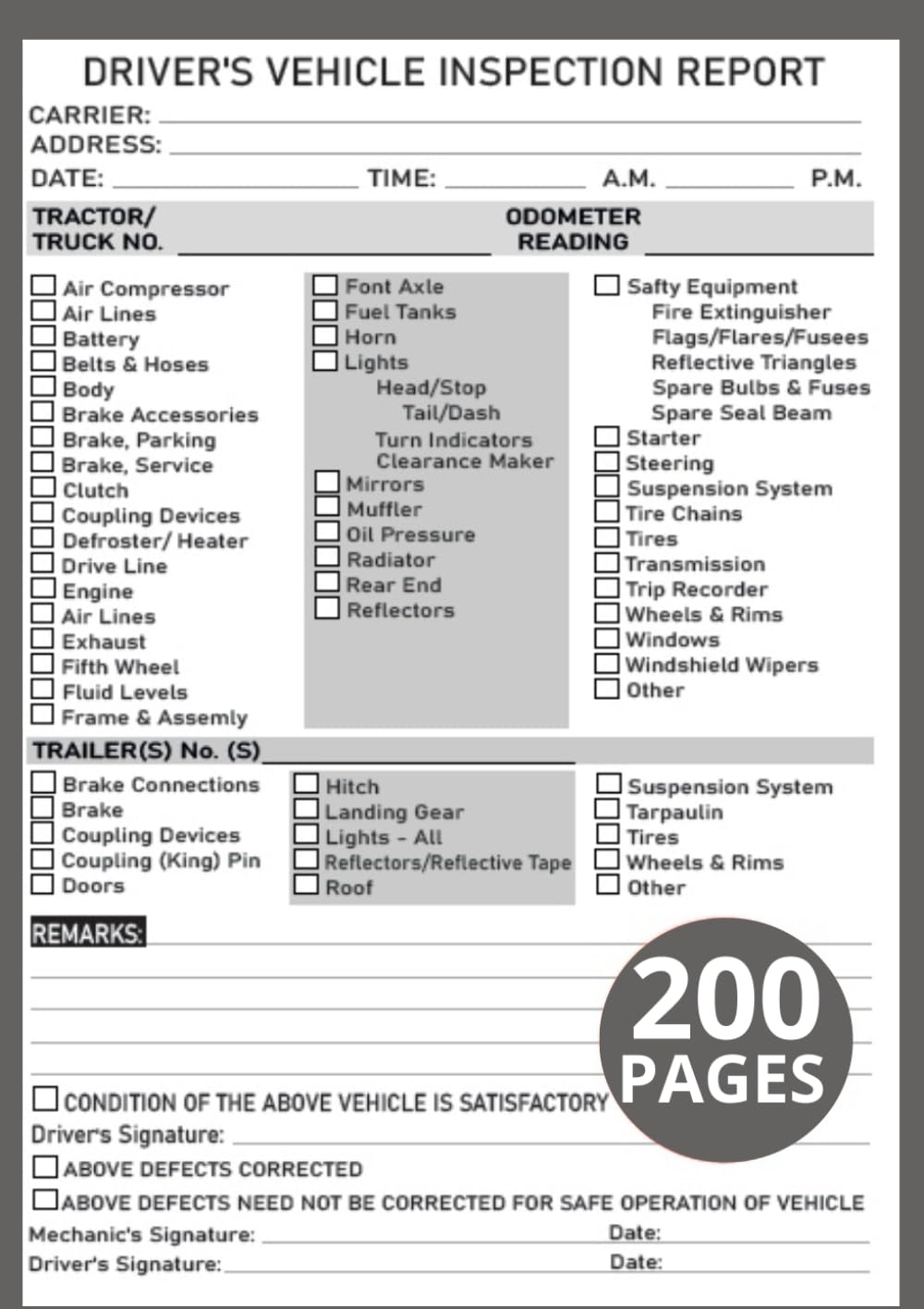 Driver's Daily Vehicle Inspection Report Book: Detailed Vehicle ...