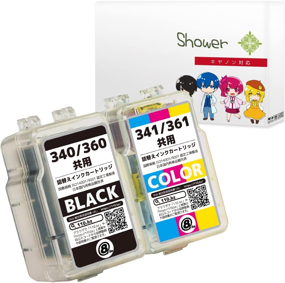 Amazon.co.jp: Shower 詰め替えインク キヤノン用 BC-340/360共通 (PGBK/ブラック)+ BC-341/361共通 (CL/カラー) BKのみ【最優良顔料】4色 ...
