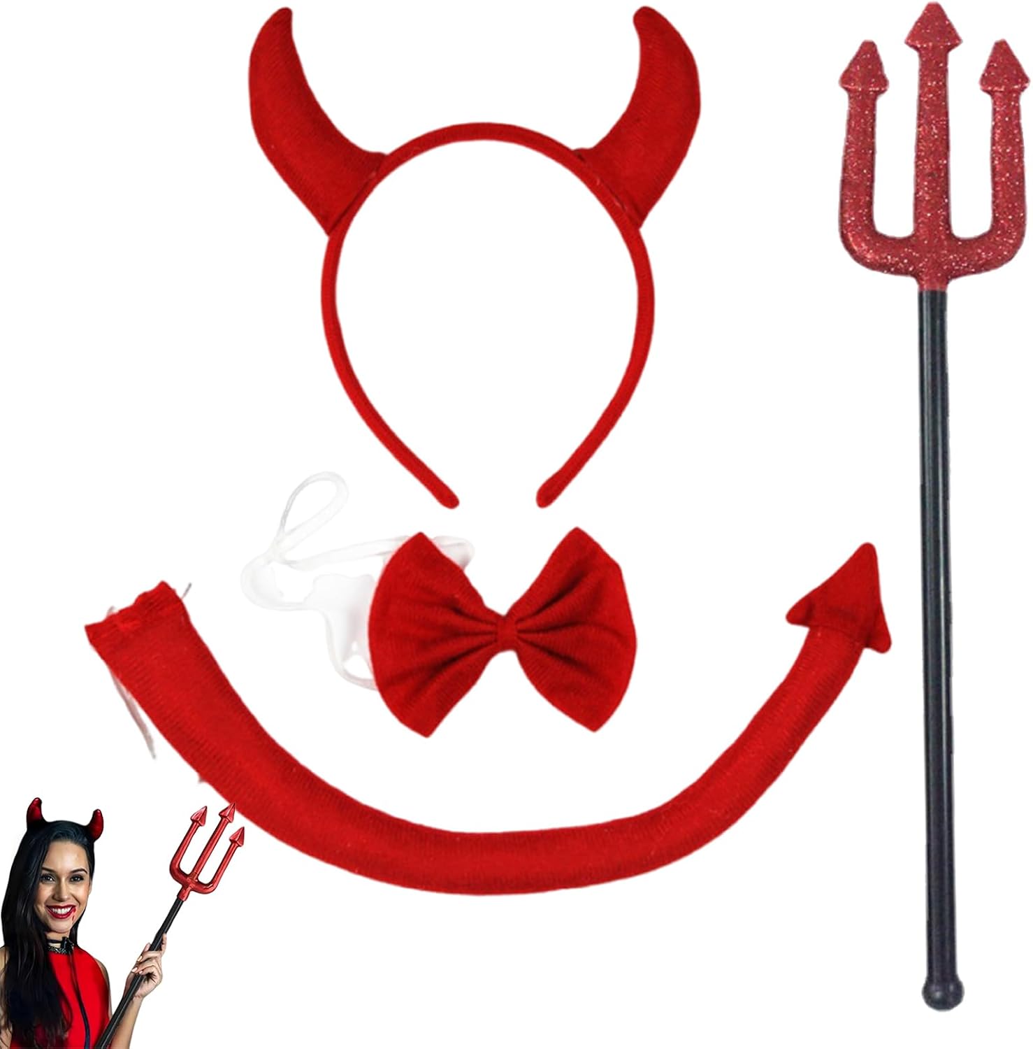 ARROMI Devil Horns and Fork Costume Set, Devil Horns Headband, Tail ...