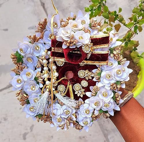 KK Groups Dark mehroon Colour hevay Flower Design poshak for laddu ...