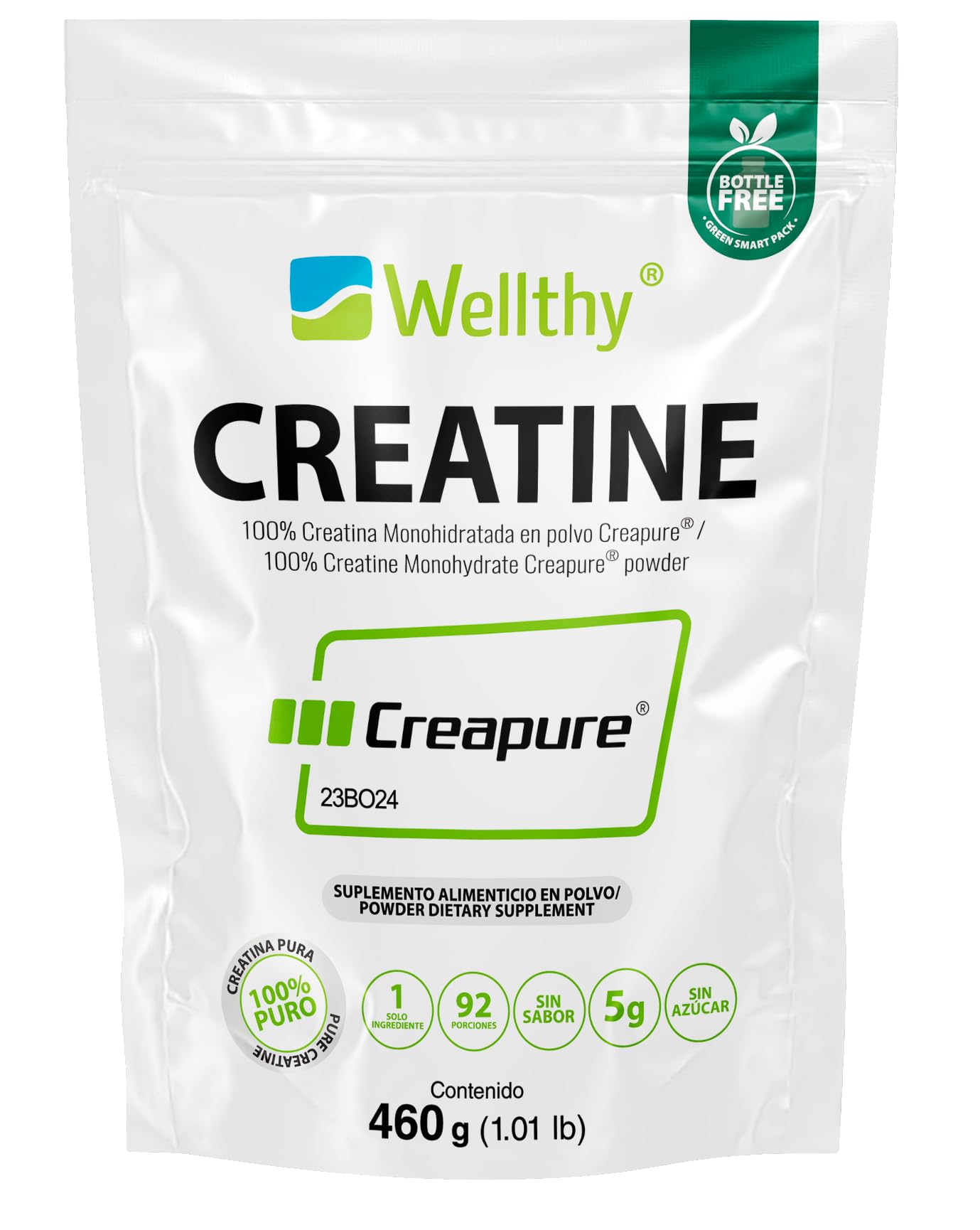 Wellthy Creatina Monohidratada Creapure® 460g. 100% Pura. Solo 1 Ingrediente Creatina Alemana ...