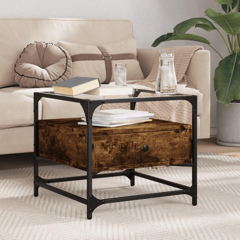 NQJIBUE Tables Coffee Table with Glass Top Smoked Oak 50x50x45 cm Steel ...