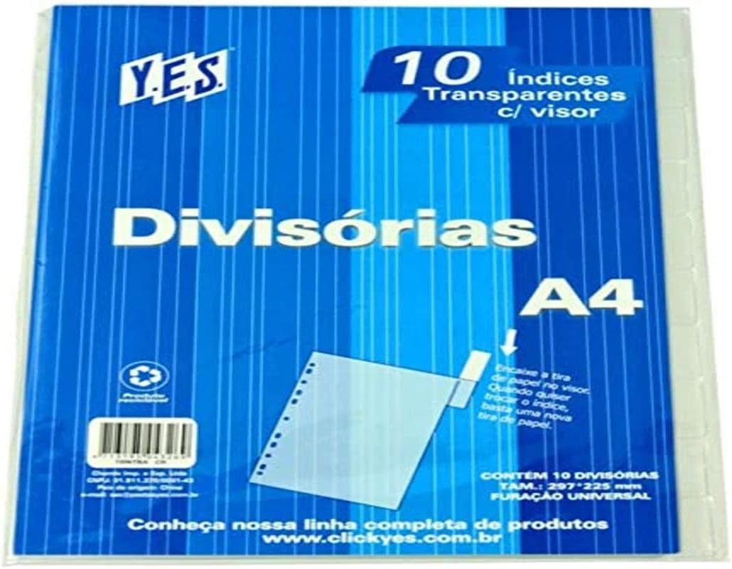 Divisória para Fichário, A4, YES, com 10 Divisões, com visor, Cristal ...