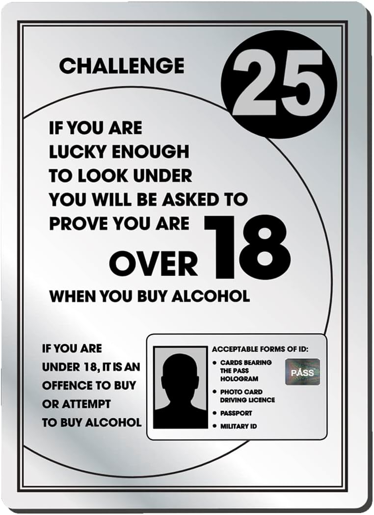 Challenge 25 Sign Silver A4 297 x 210mm Alcohol Law Sign Pub Bar ...