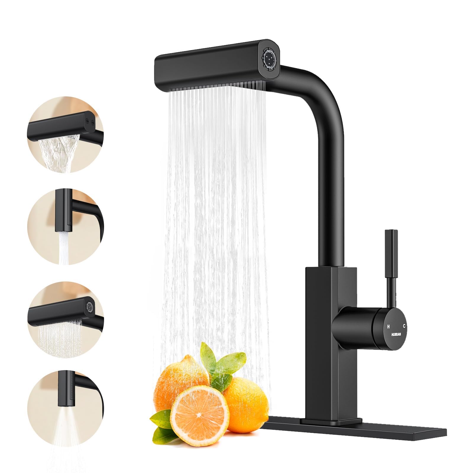 Hurran Waterfall Kitchen Faucet with Pull Down Sprayer,Stainless Steel ...