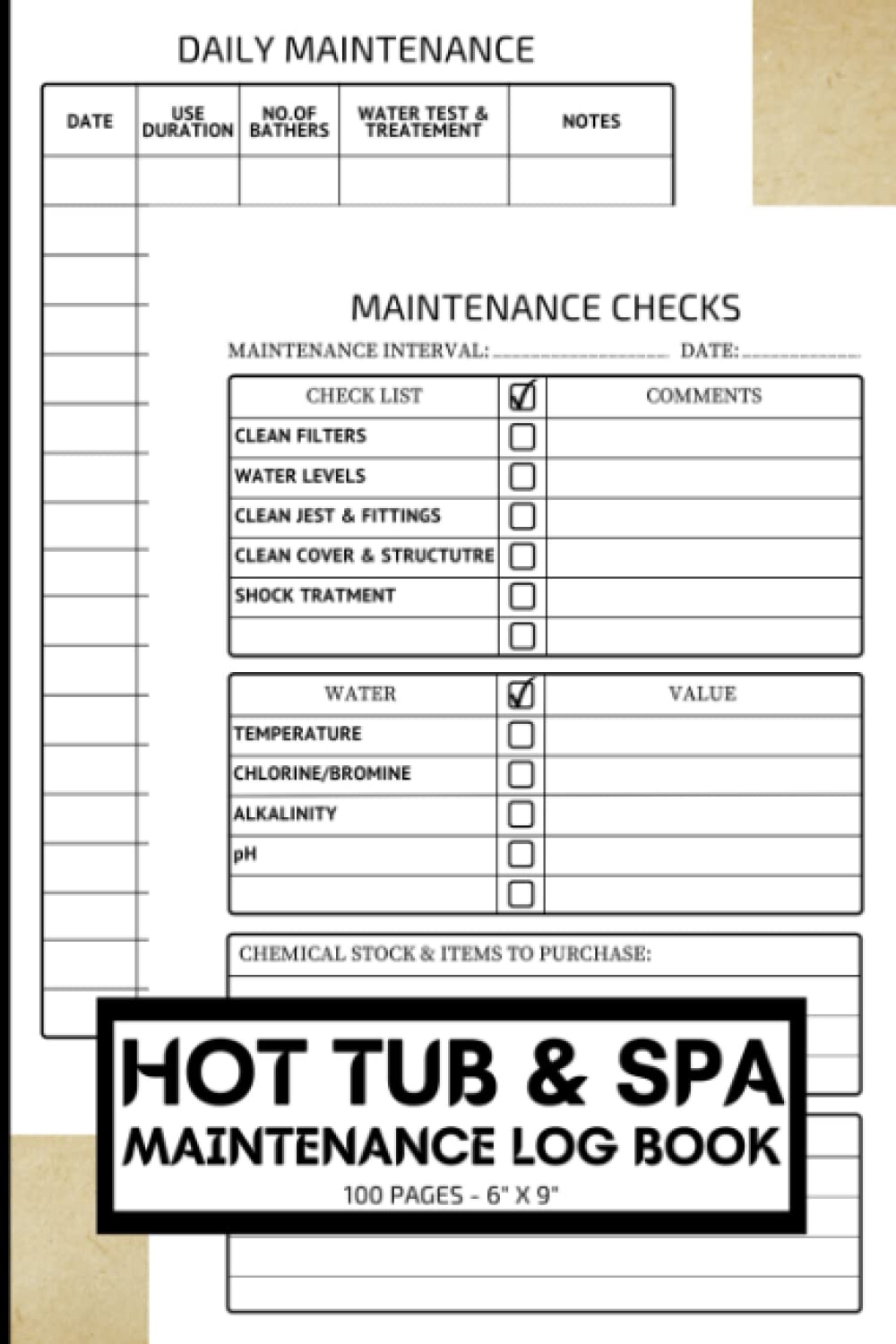 Hot Tub and Spa Maintenance Log Book: Hot Tub and Spa Usage and Regular ...
