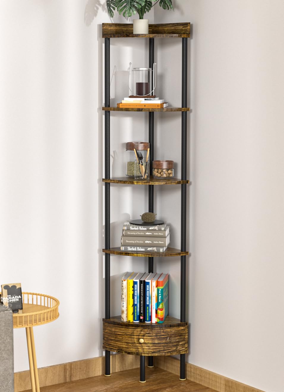Amazon.com: 5 Tier Corner Shelf with Drawer Storage, 65" Industrial ...