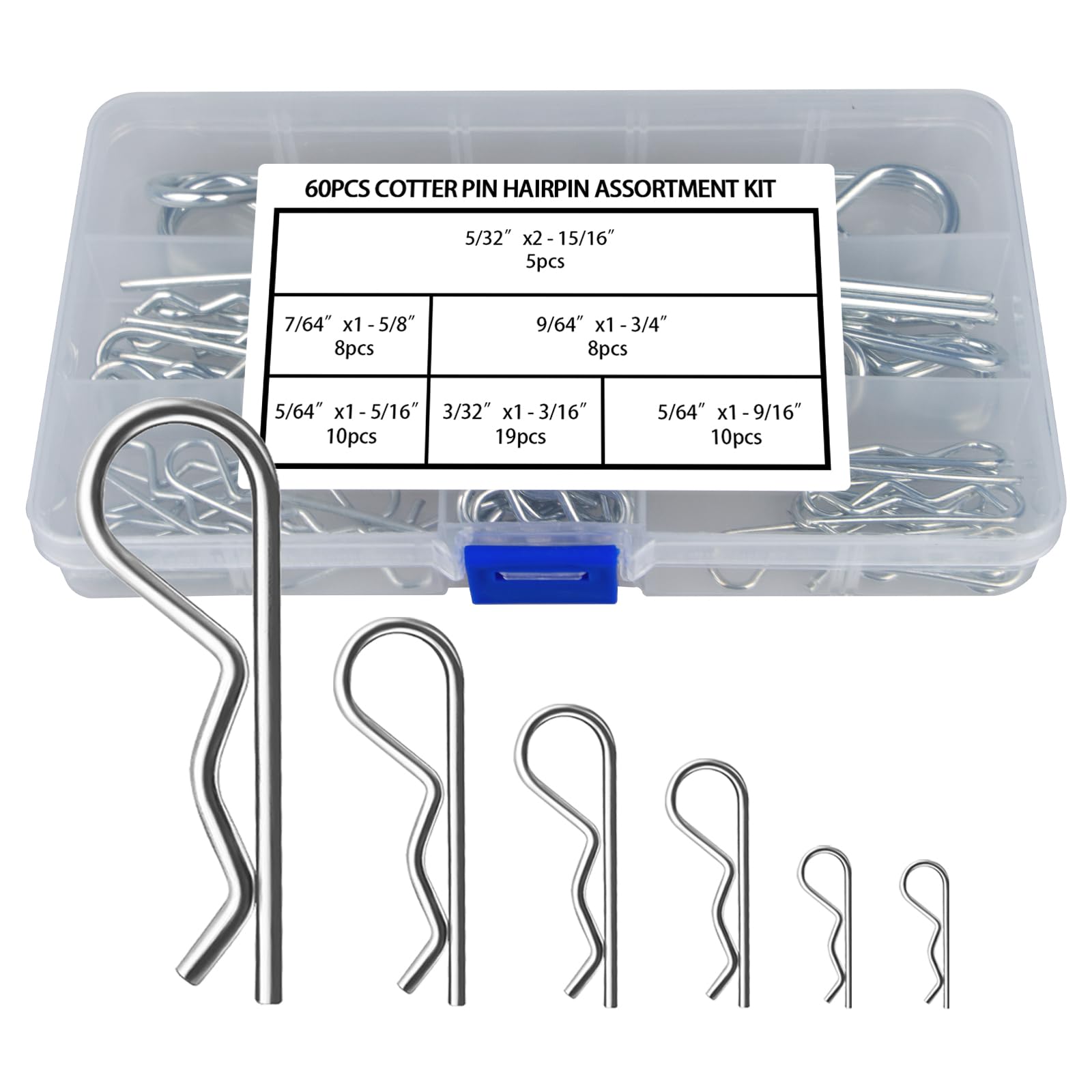60 Pcs Cotter Pin Assortment Kit, R Clips Heavy Duty Zinc Plated Cotter ...