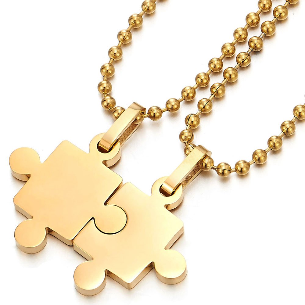 COOLSTEELANDBEYOND A Pair Stainless Steel Gold Color Puzzle Pendant ...