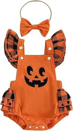Amazon.com: Yuemengxuan Newborn Girl Halloween Romper Ruffle Sleeve Pumpkin Jumpsuit Baby Onesie ...