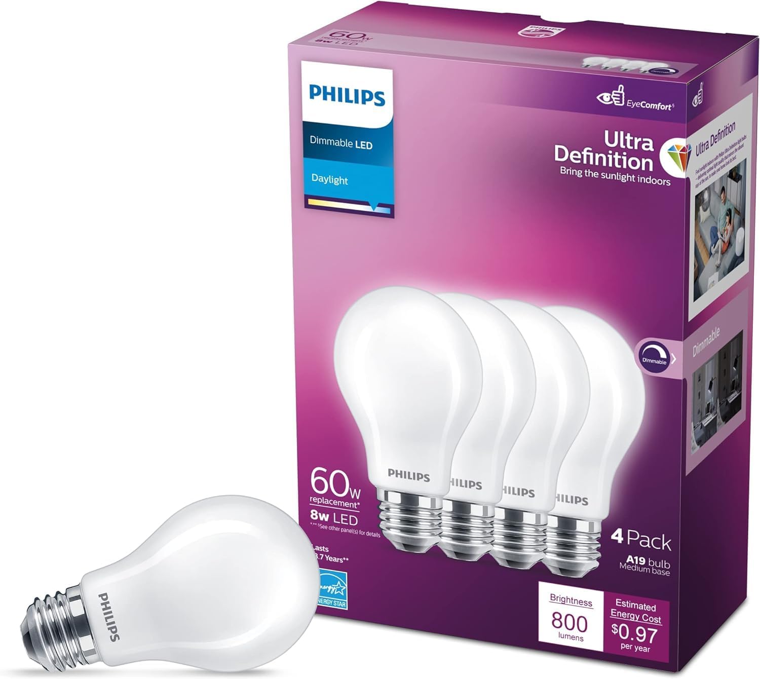 Philips 455717 100W Equivalent Daylight A19 LED Light Bulb 14W 5000K ...