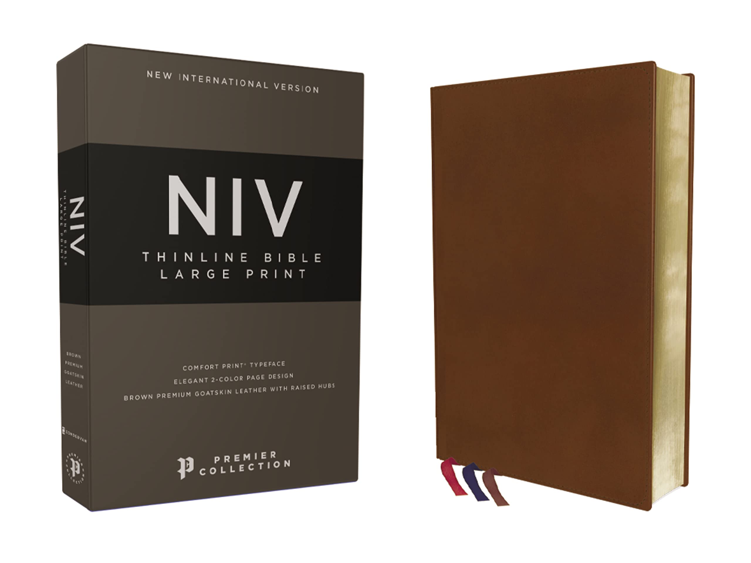 NIV, Thinline Bible, Large Print, Premium Goatskin Leather, Brown ...
