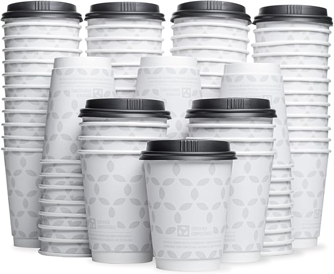 Amazon.com: Caffena 100 Sets - 12 oz. Compostable Coffee Cups - Double ...