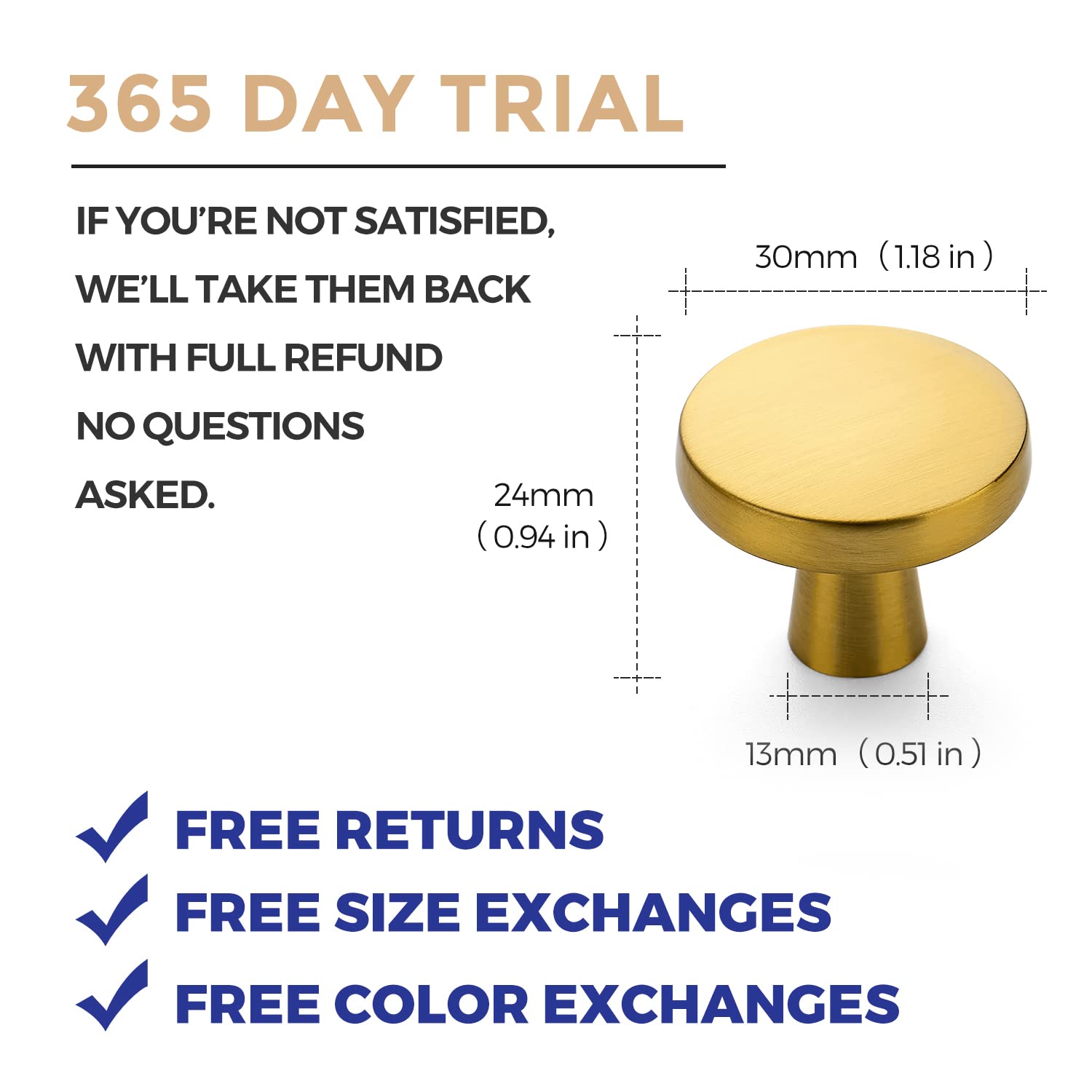 Snapklik.com : 30Pack Drawer Pulls 1-1/4 Inch Kitchen Cabinet Knobs Solid Brushed Brass Round ...