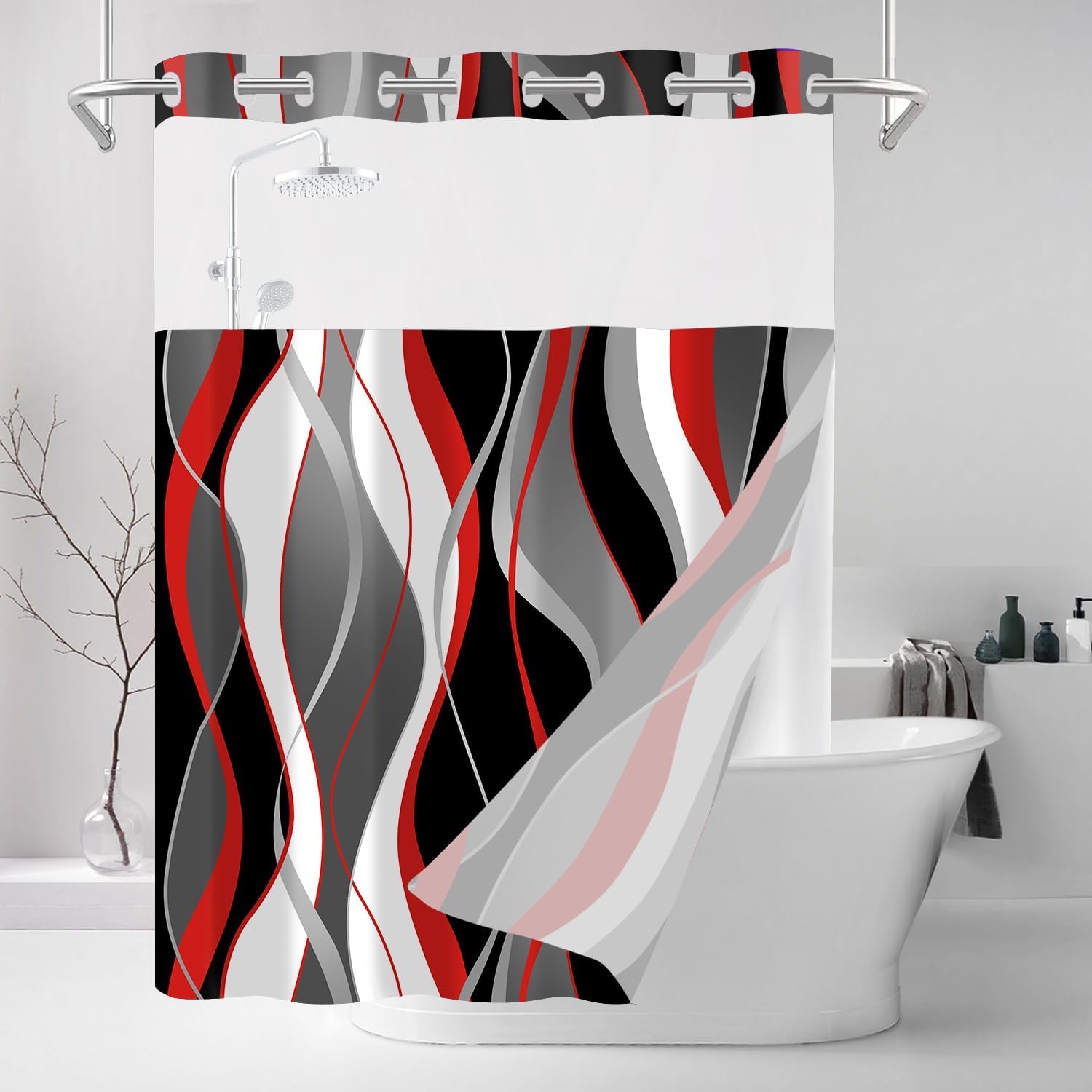 Amazon.com: Nkzply No Hook Shower Curtain and Liner Set Red Striped ...