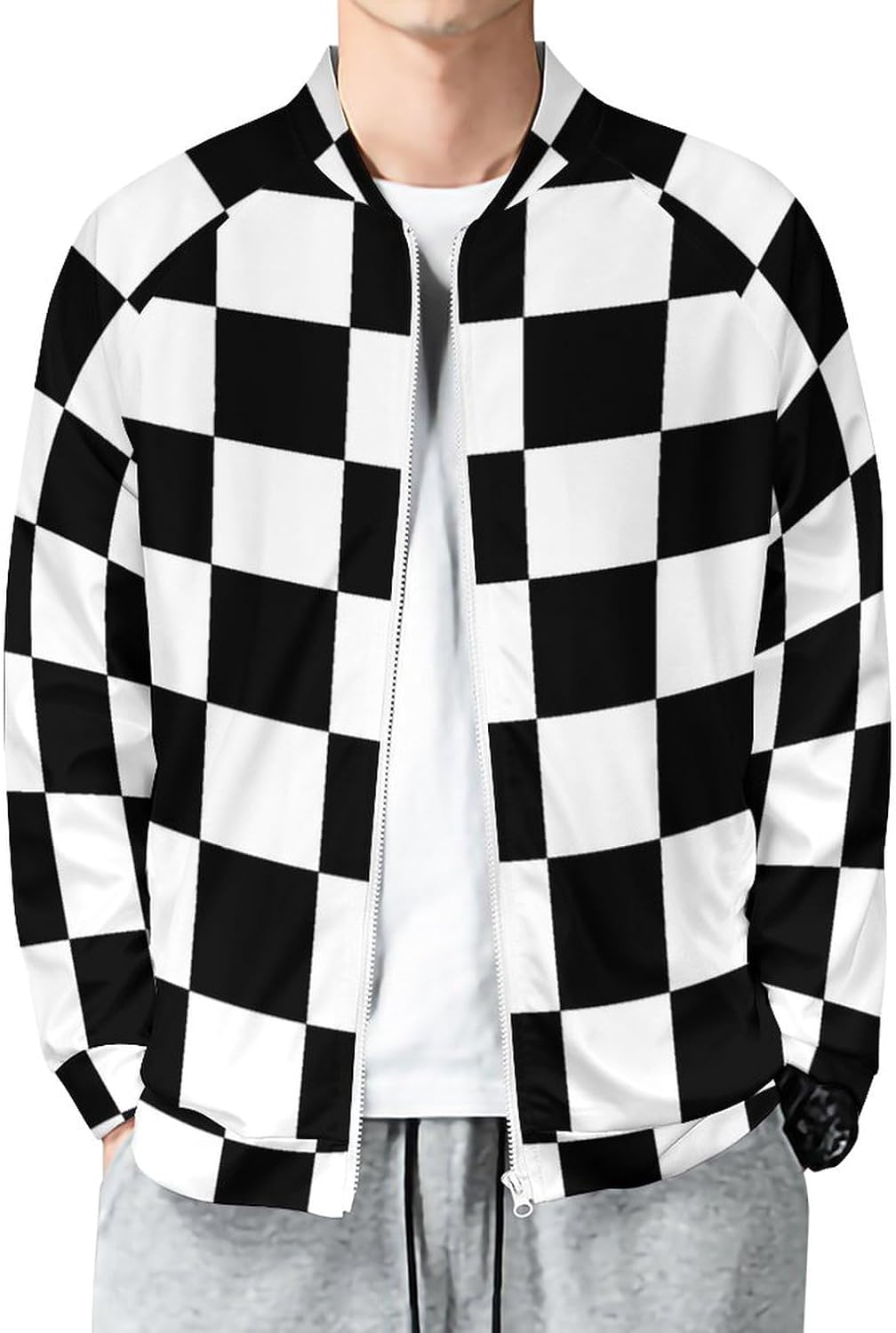 Checkerboard Black White Checkered Bomber Jacket Men Lightweight Causal ...