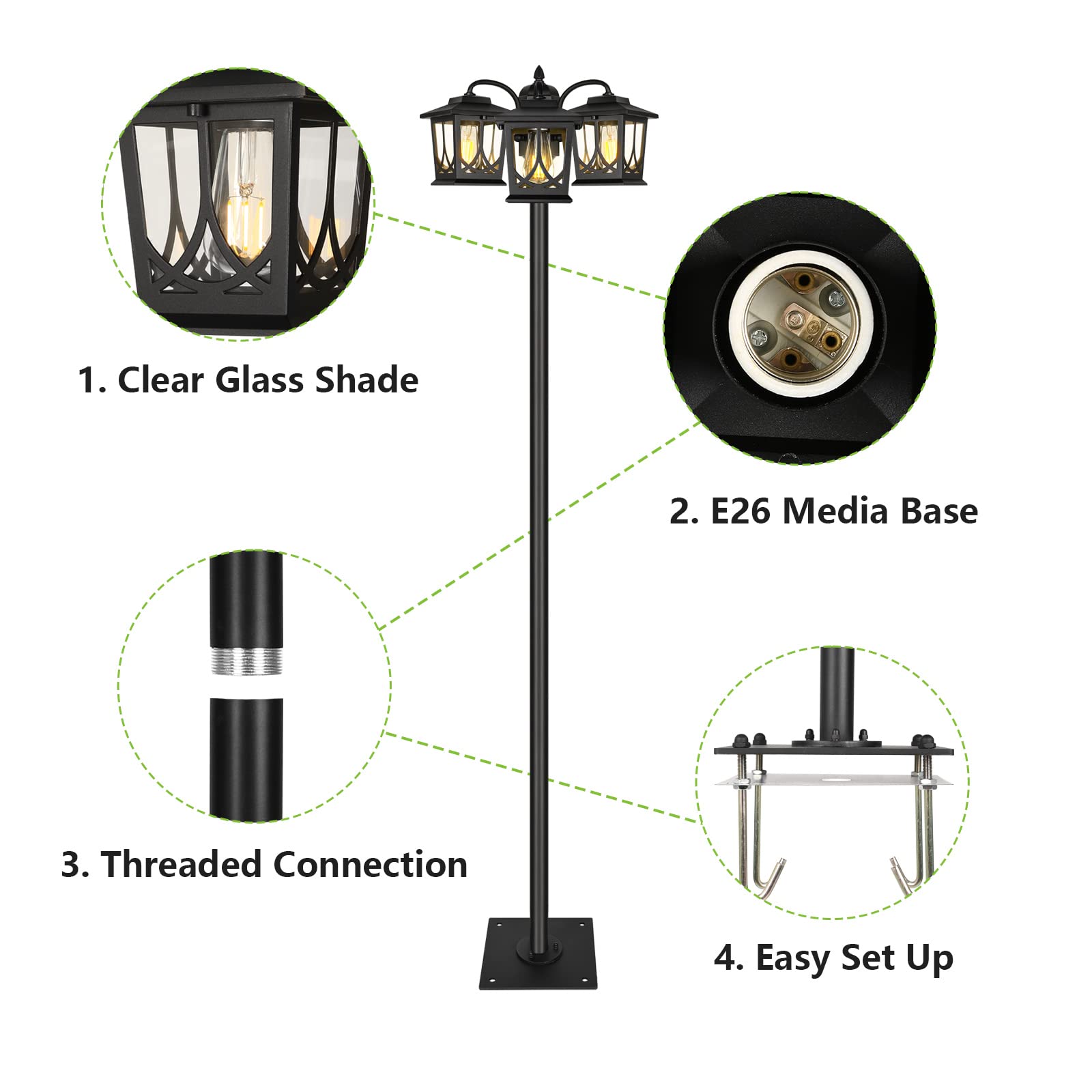 Outdoor Post Lights, 3-Head Outdoor Street Light Waterproof Antique LED ...