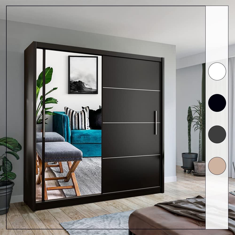 Modern Double Sliding Door Wardrobe 2 Mirrored Hanging Rails & Shelves ...